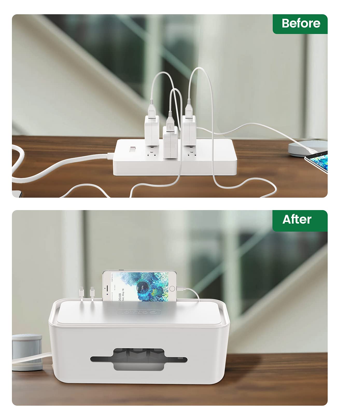 ORICO Power Cable Box Set, 2 Cable Management Box with Phone Stand and A Roll of Hook and Loop Tape, Large and Medium Wire Organizer Box to Hold and Hide Power Strip/Power Cord-Pure White