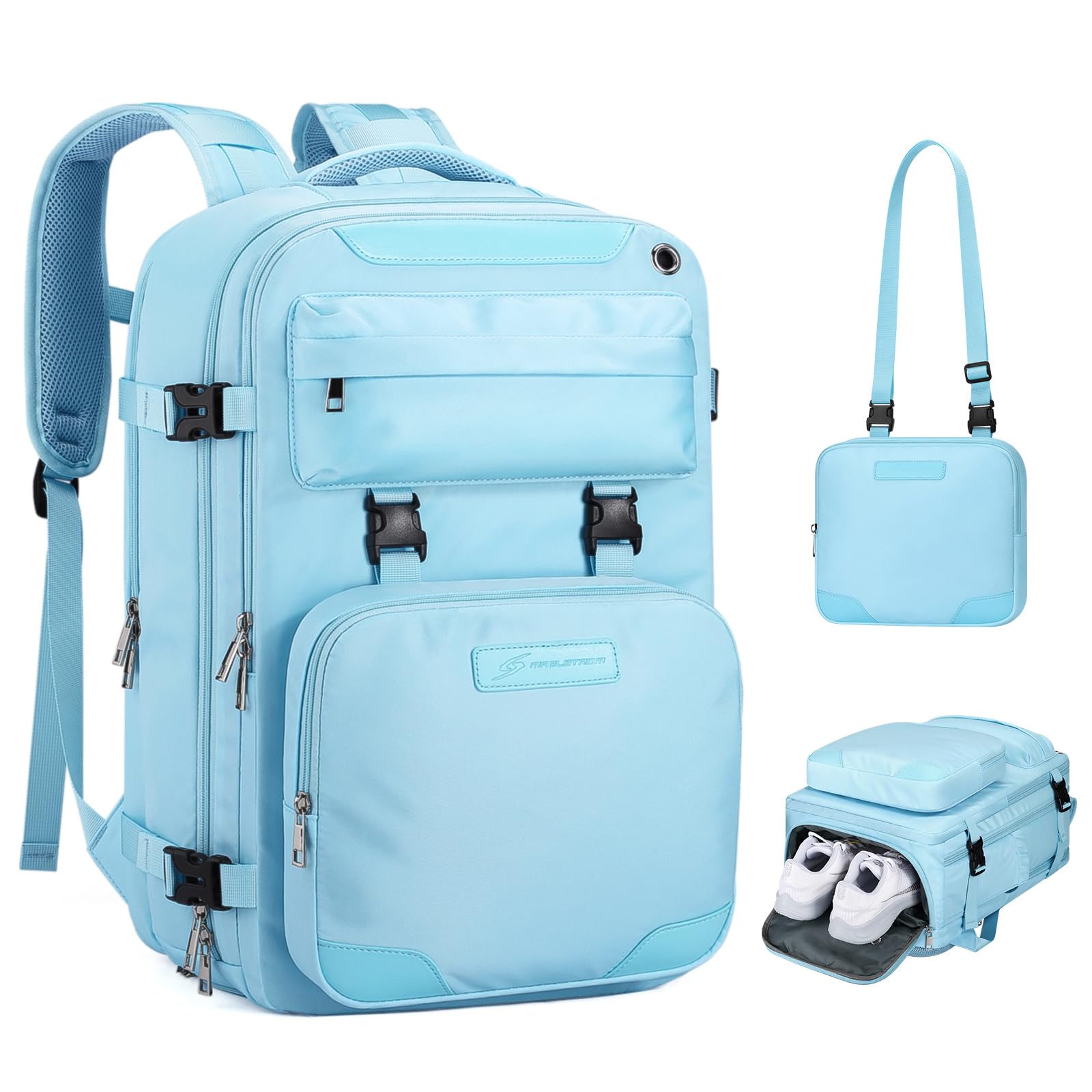 Maelstrom Travel Backpack for Women Men,35L Laptop Backpack Fits 17-Inch Laptop,Waterproof Carry On Backpack for Airplanes with Detachable Crossbody Bag&Shoe Compartment,Light Blue, Large