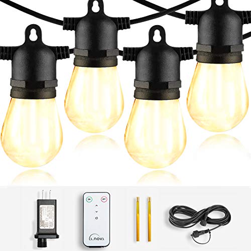 L.A. NOVA 48ft LED Outdoor String Lights with 15 ST14 Bulbs Indoor Outdoor Lights for Patio Garden Backyard Pool, 16.4ft Extension String and 2 pcs Filament