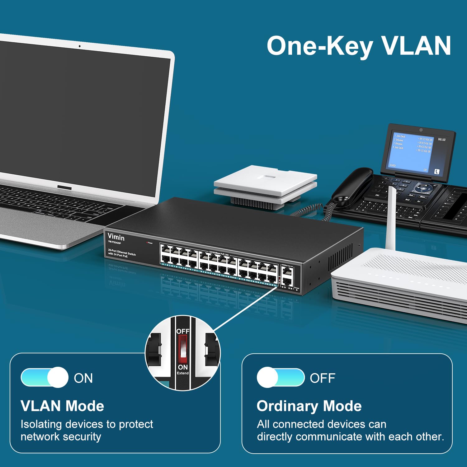 VIMIN 24 Port PoE Switch with 2 Gigabit Uplink Ports, 24 Port 10/100Mbps PoE Network Switch Unmanaged Support IEEE802.3af/at, Extend 250m, Vlan, 320W PoE Budget, Metal Case, Rackmount