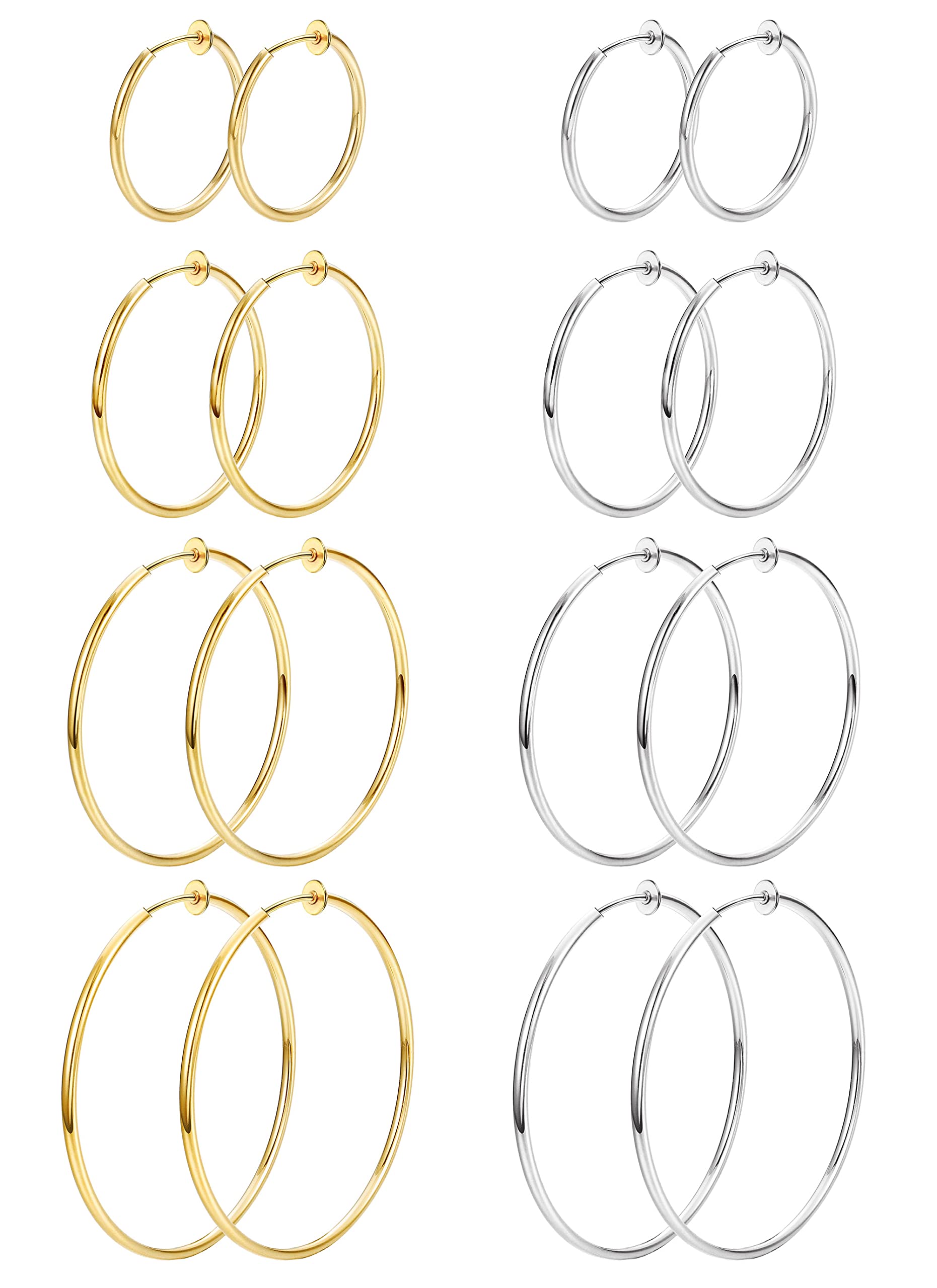 Magitaco 8 Pairs Clip On Hoop Earrings Stainless Steel Clip On Earrings for Women Fake Hoop Earrings Spring Hoop Earrings For Non-Pierced Ears Gold+Silver
