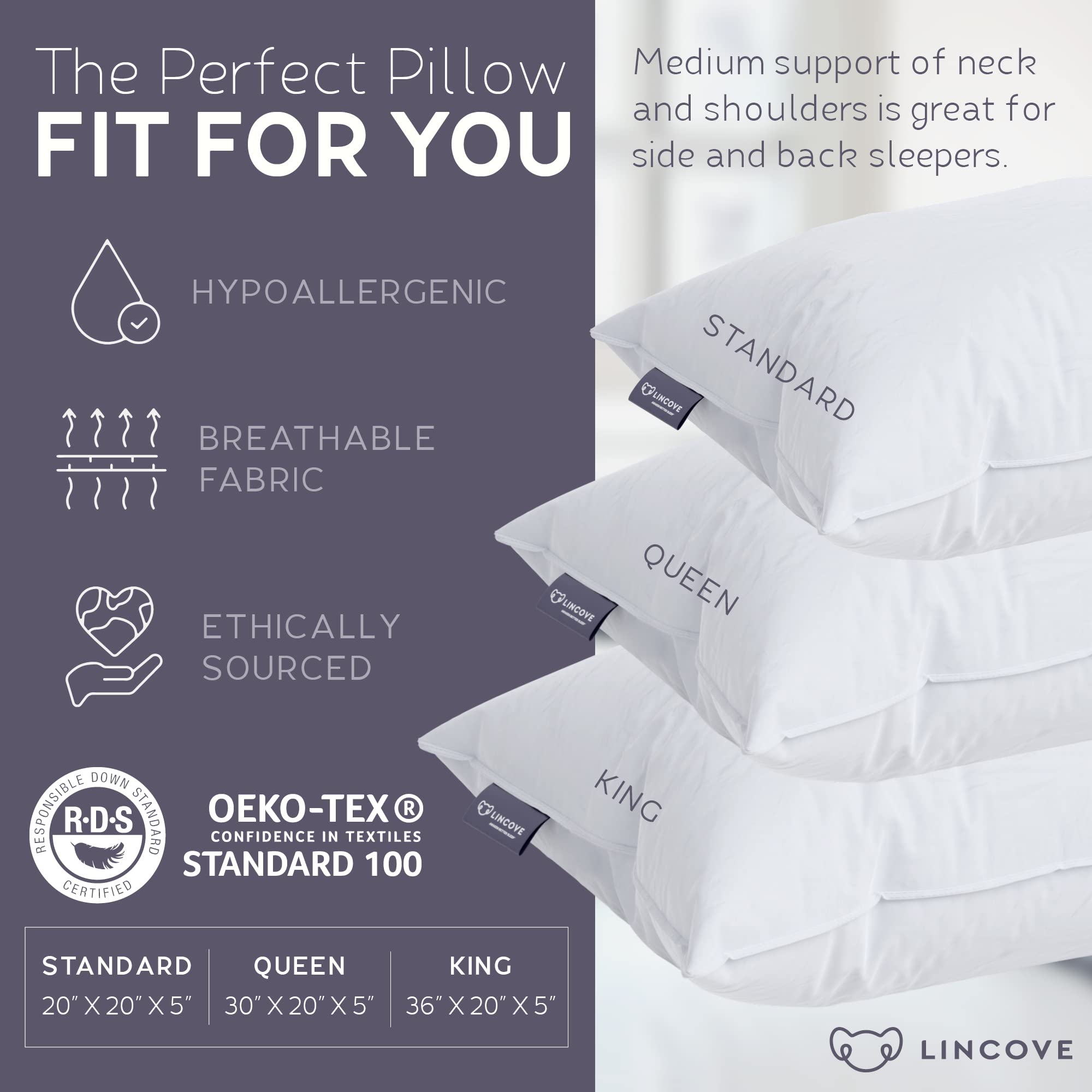 Lincove Down and Feather Luxury Hotel Collection Bed Pillows for Sleeping Made in The USA - 100% Cotton Shell, 600 Thread Count - Soft Hypoallergenic (King Size, Pack of 2)