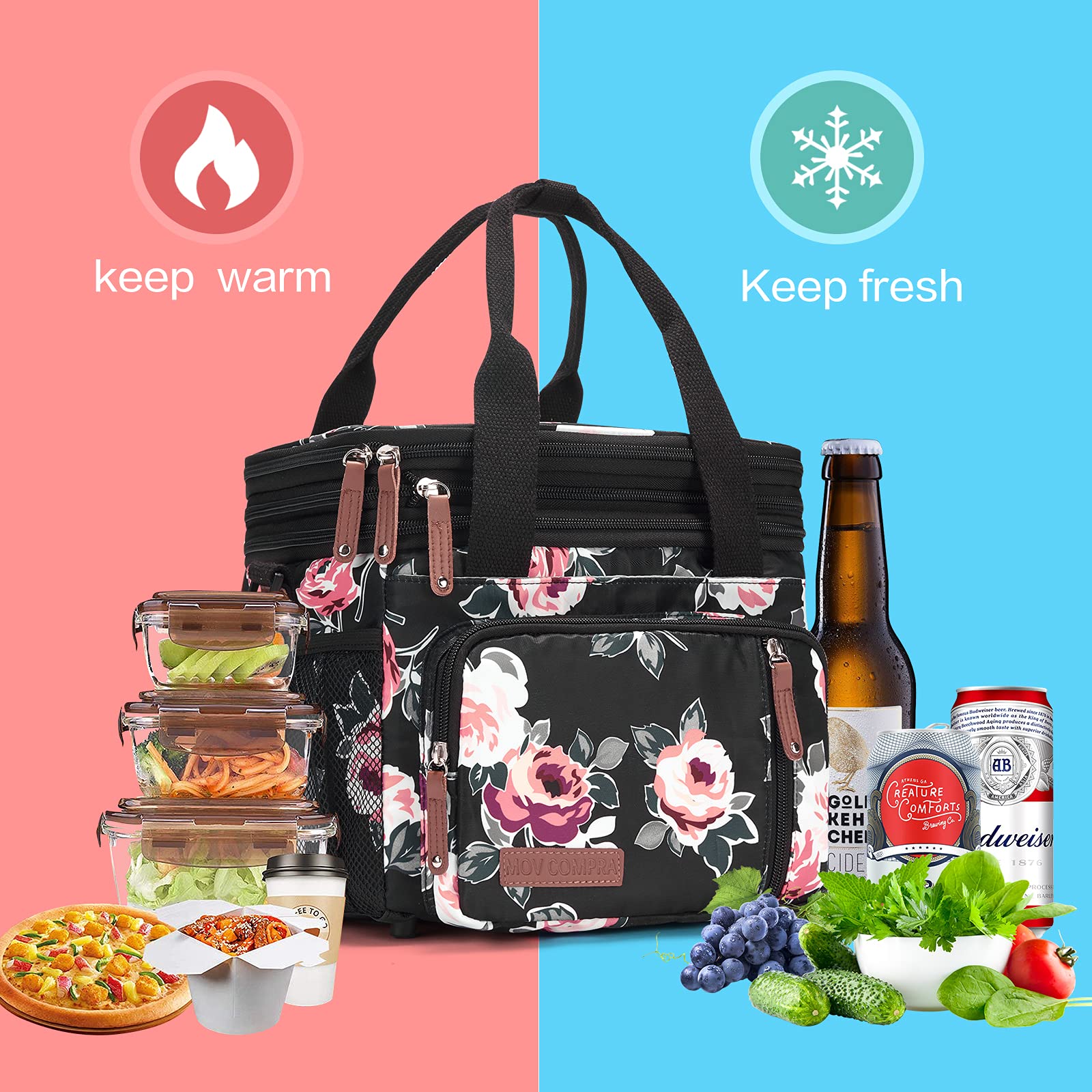 MOV COMPRA Lunch Bag Women Flower Insulated Lunch Box for Work, Expandable Large Lunch Bag, Leakproof Double Deck Lunch Box Cooler Bag with Removable Shoulder Strap(Flower)