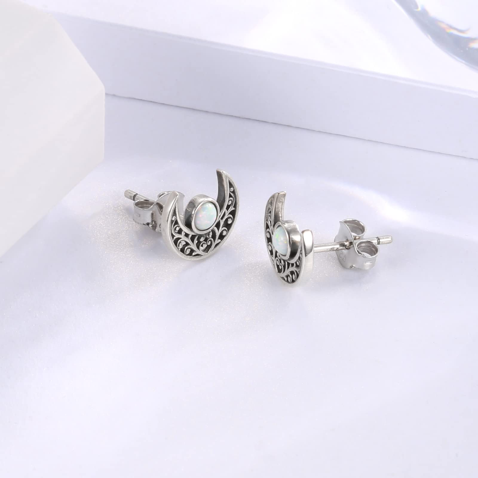 Sterling Silver Moon Earrings for Women: Opal Crescent Moon Stud Earrings Jewelry Gift for Teen