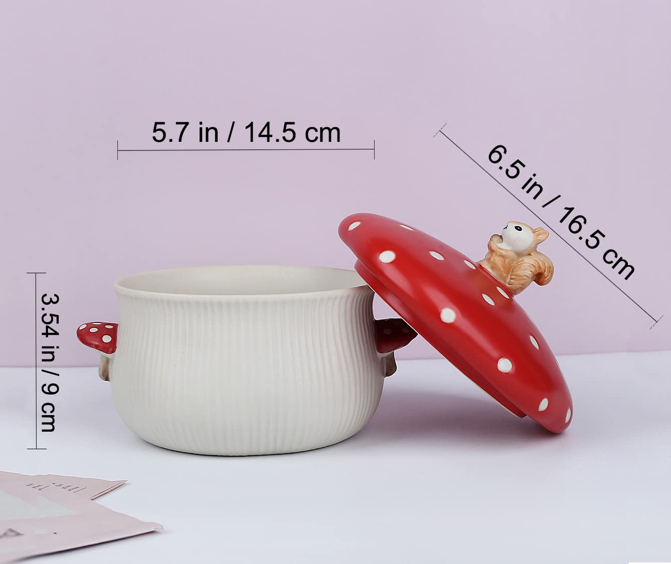 RESVUGA Large Soup Bowl, Double Mushroom Handle & Mushroom Lid - Safety Matt Ceramics 32oz Noodles Bowls, Use for Stew, Salad, Porridge & More.