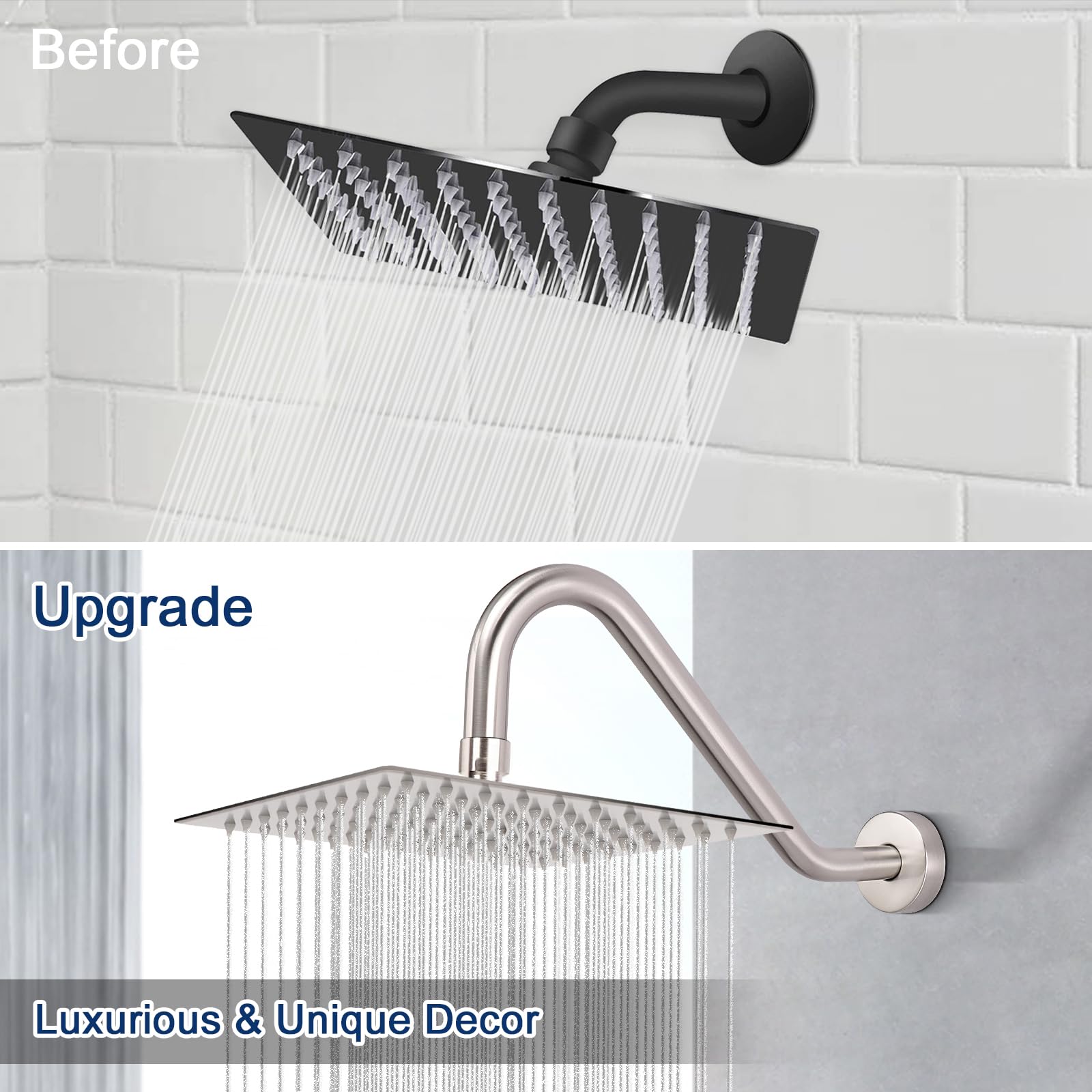 NearMoon J Shaped Shower Head Extension Arm, Stainless Steel Shower Head Height Extender with Flange, Riser Pipe Design for Cozy Shower Experience, Standard 1/2" Connection (12 Inch, Brushed Nickel)