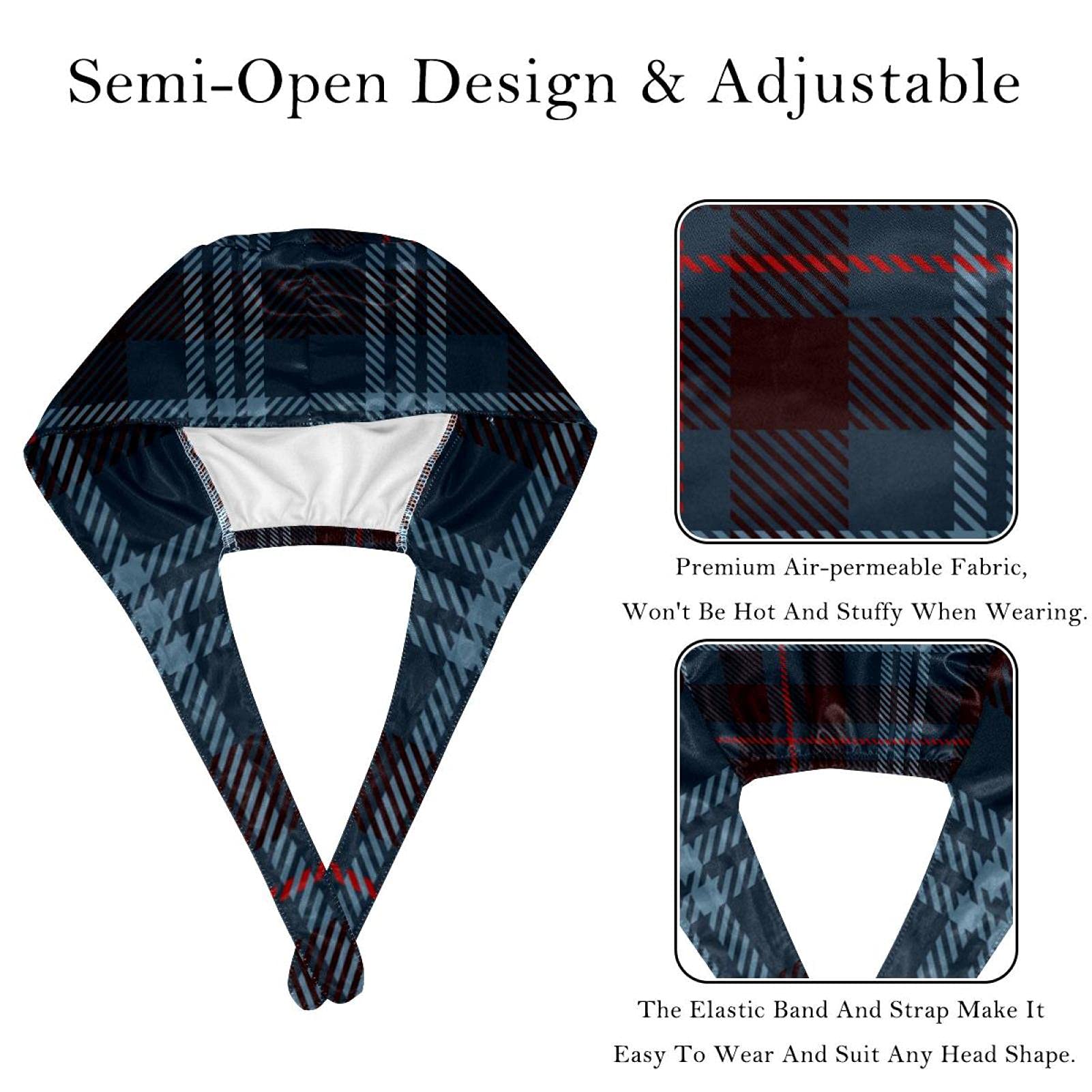 Pshhdgyhs 2 Pcs Adjustable Working Cap with Button, Tartan Plaid Pattern Navy Blue Black Surgical Cap Sweatband, Tie Back Hats for Women & Men Multicolor Hat diameter is 18cm/7in
