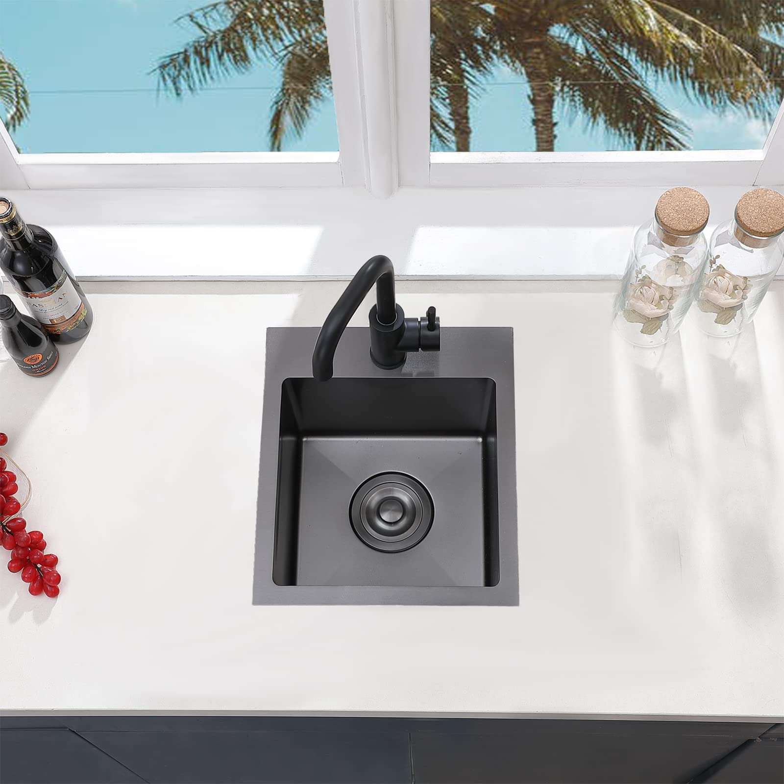 VCCUCINE Black Bar Sink Drop in, 13 x 15 Inch Topmount RV Small Kitchen Sink, Handmade Stainless Steel Wet Bar Sink, Outdoor Single Bowl Prep Sink with Dish Grid & Drain