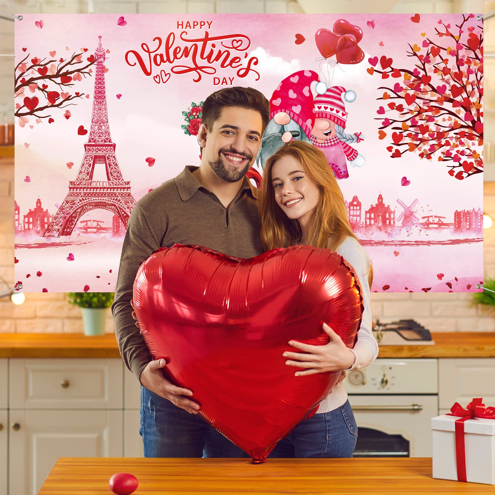 Valentine's Day Backdrop Valentine Backdrop Background for Photography Happy Valentine's Day Backdrop Banner Photo Booth Props Red Heart Backdrop for Mother's Valentine's Day Decor (Gnomes)