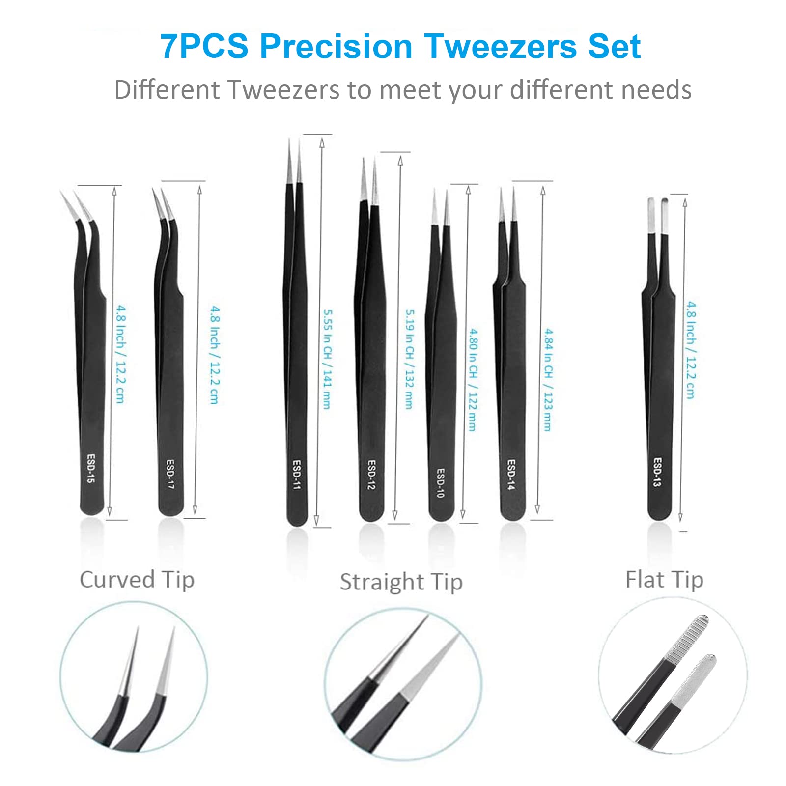 YHYZ 7pcs Precision Tweezers Set, Premium Anti-Static Stainless Steel ESD Tweezers Set Kit for Electronics, Sodlering,Jewelry, Craft, Laboratory Work, DIY(7PCS, Version)