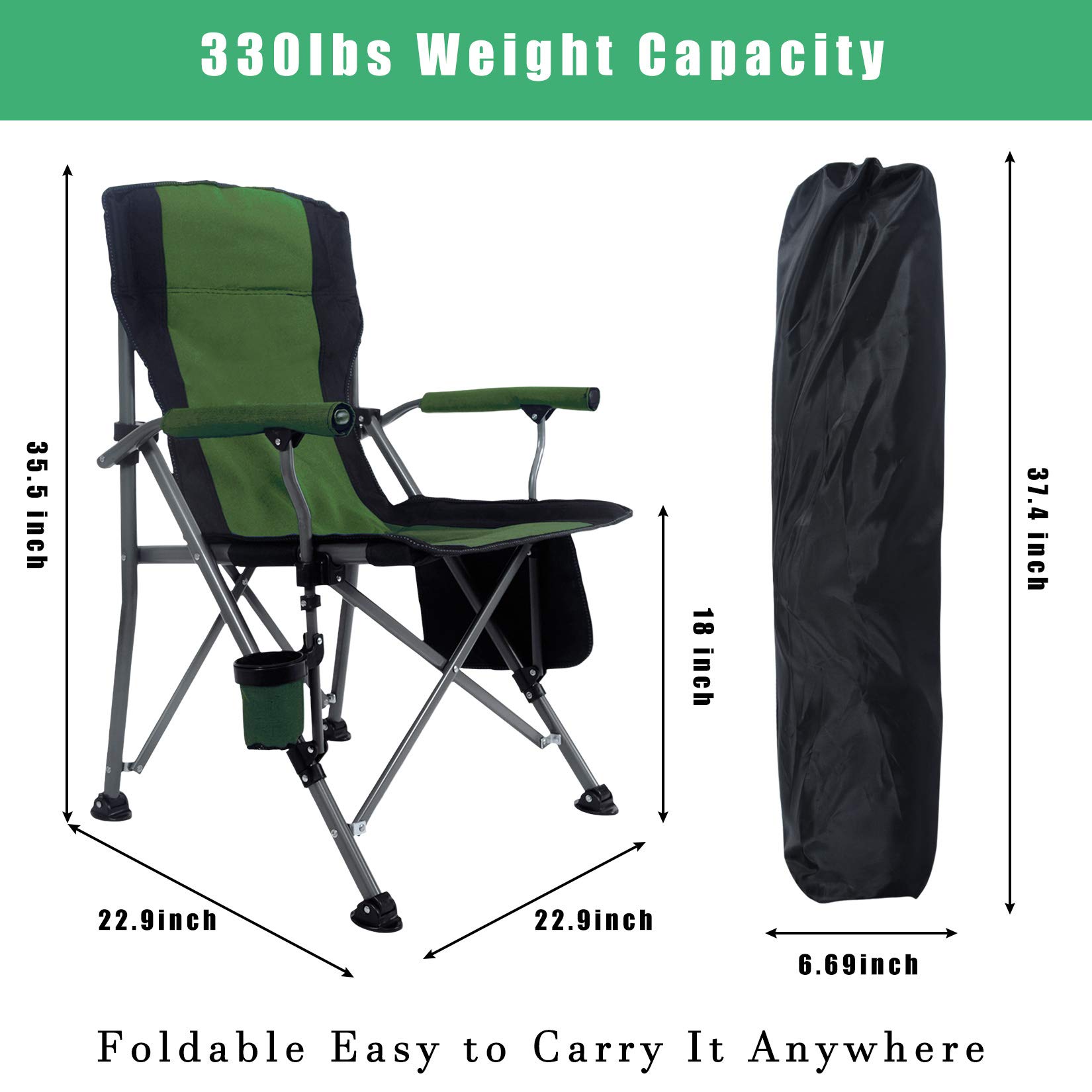 MaiuFun Portable Camping Chair Folding Heavy Duty Quad Outdoor Large Chairs Support 330 lbs High Back Padded Thicken Oxford with Armrests, Storage Bag, Cup Holder, Carry Bag for Outside(Green)