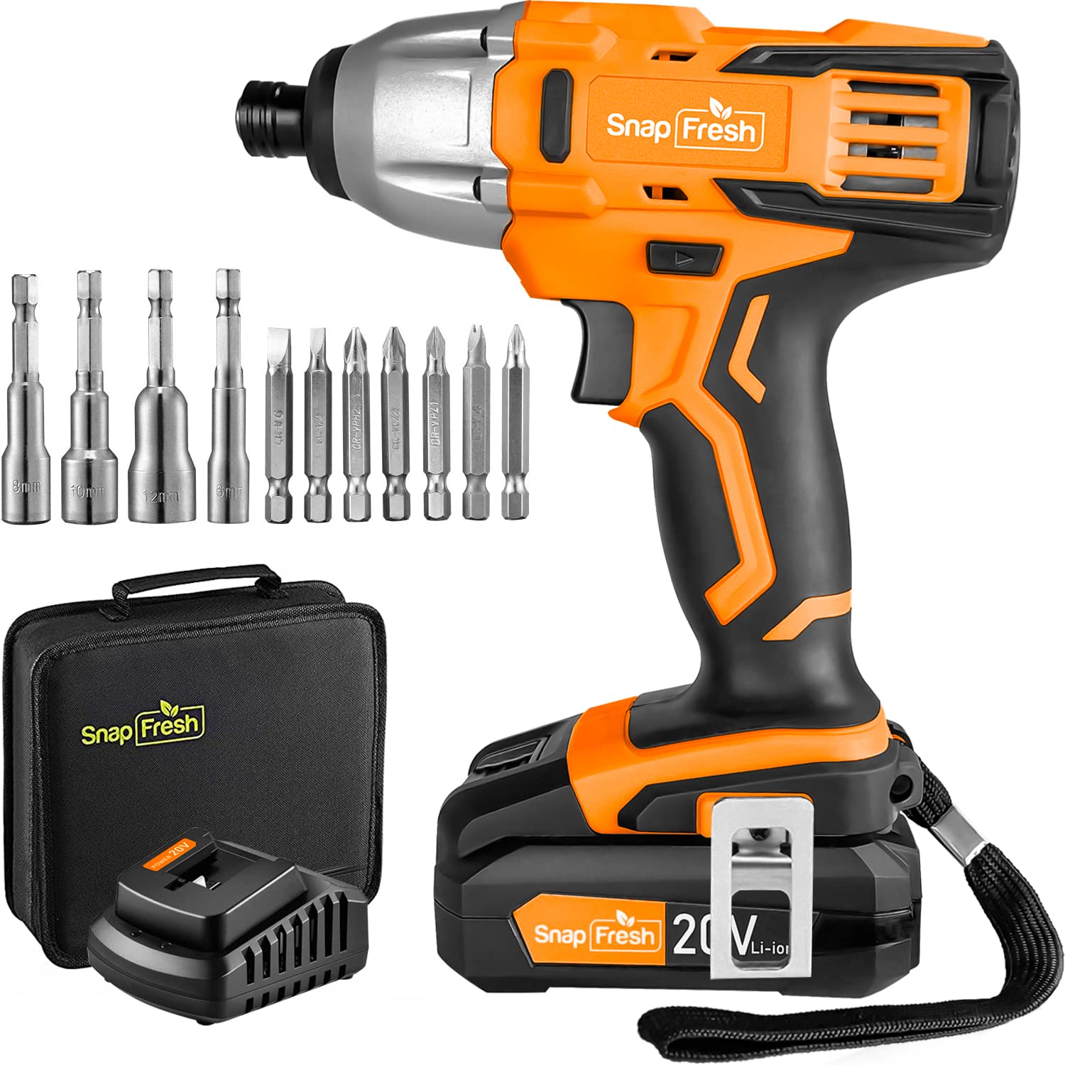 SnapFresh Cordless Impact Driver, 20V 1/4” Impact Drill w/ 1350in-Lbs Torque, Variable Speed 2200 RPM, Built-in LED, 2.0Ah Li-ion Battery, 1h Rapid Charger, Driver Bits & Sockets, Tool Bag