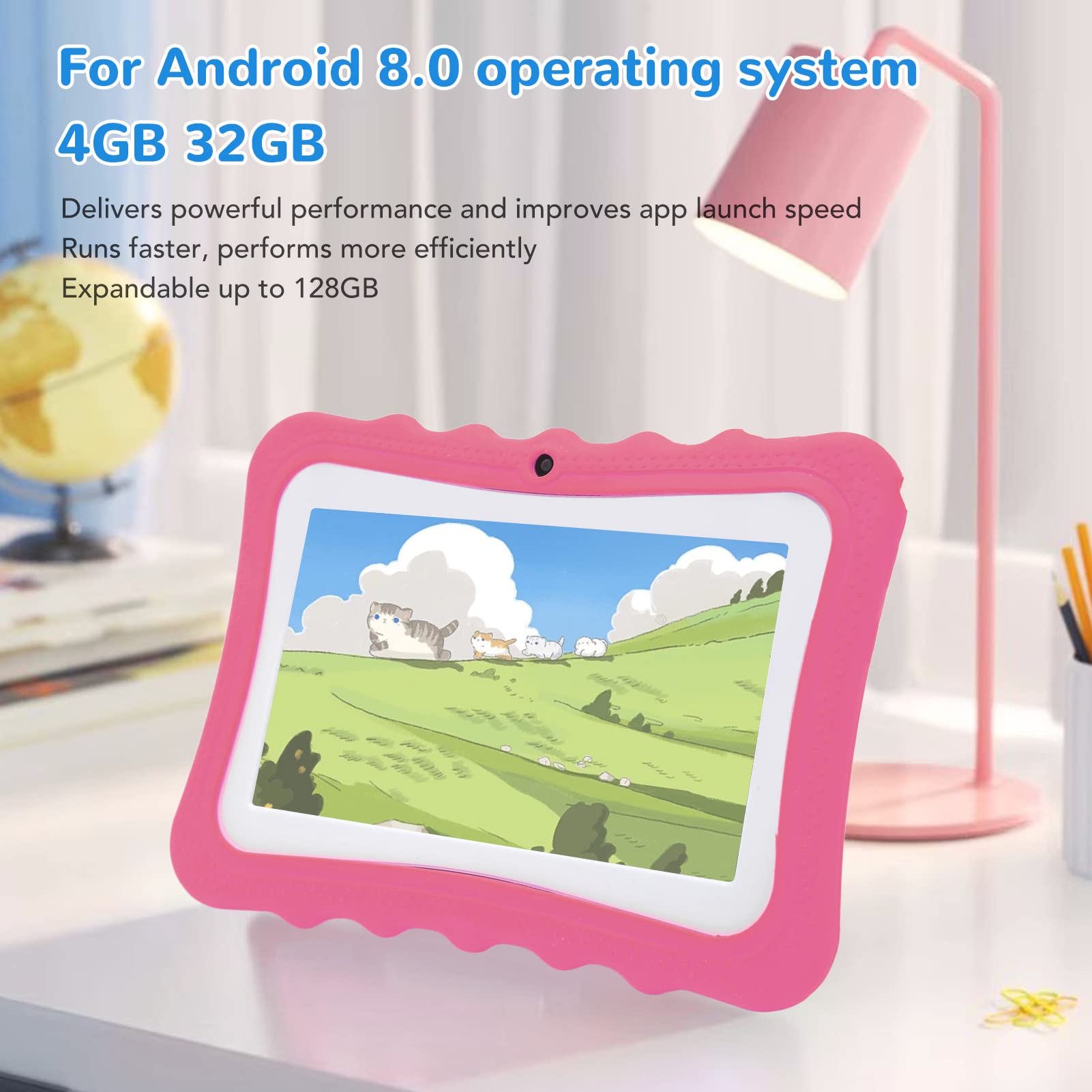 Naroote Children Tablet, 7 Inch Bluetooth 5.0 US Plug 100‑240V HD 1960x1080 Toddler Tablet Large Memory 4 Core for Boys (Pink)