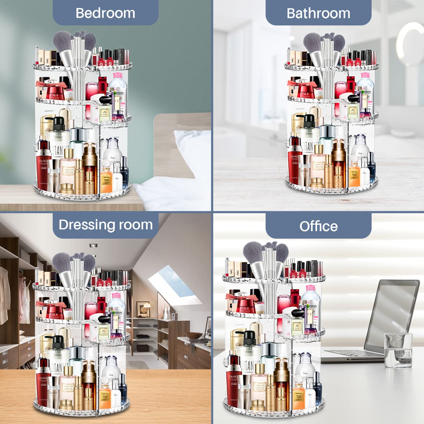vinmoso Makeup Organizer, 360 Degree Rotating Adjustable Cosmetic Storage, Large Capacity Organizer for Vanity Dresser, 4 Trays, Clear
