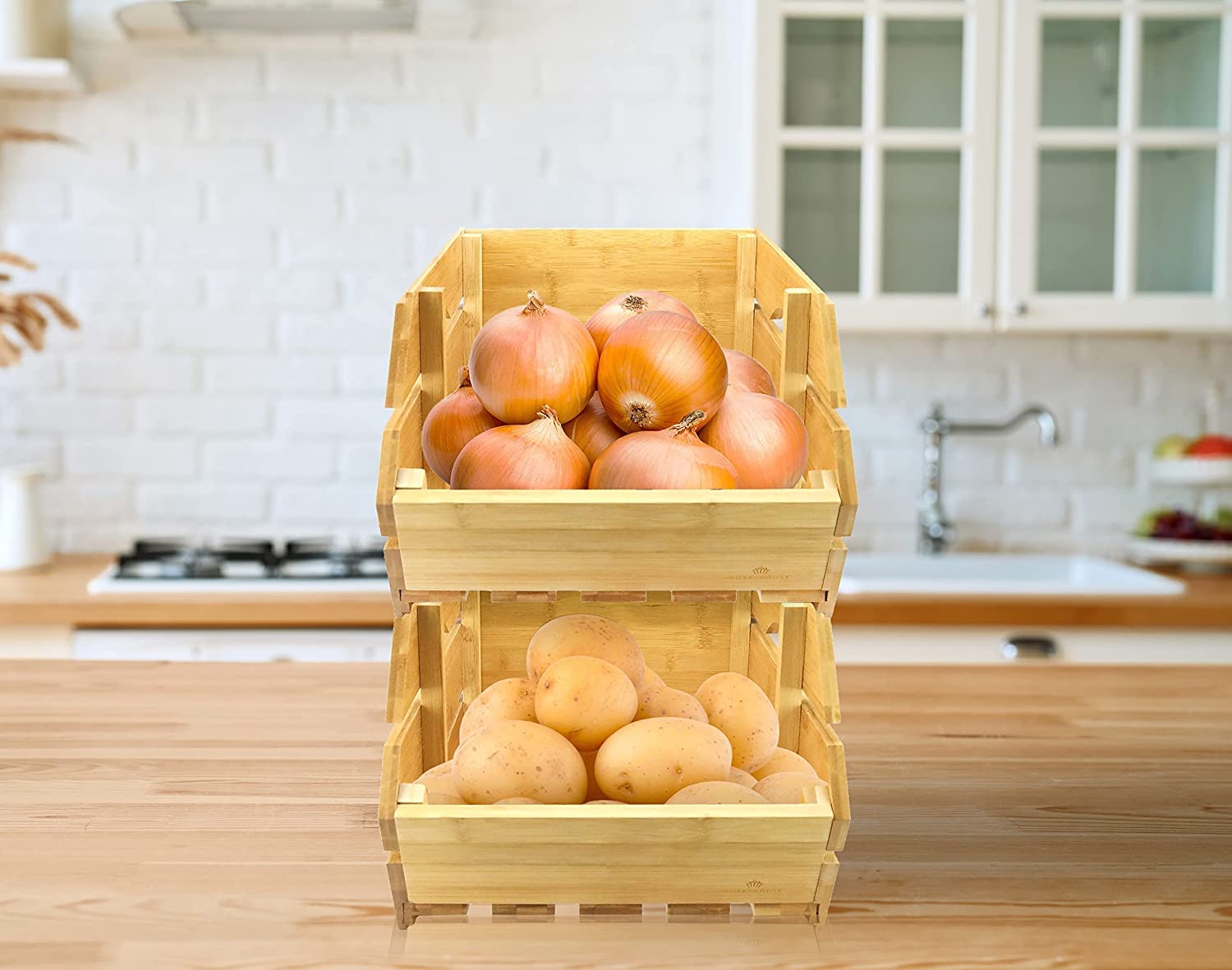 ROYALHOUSE Bamboo Fruit Basket, Stackable Basket, Fruit & Vegetable Storage For Kitchen Countertop, Bamboo Fruit Bowl, Tabletop Fruit Serving Bowl (Pack of 2)