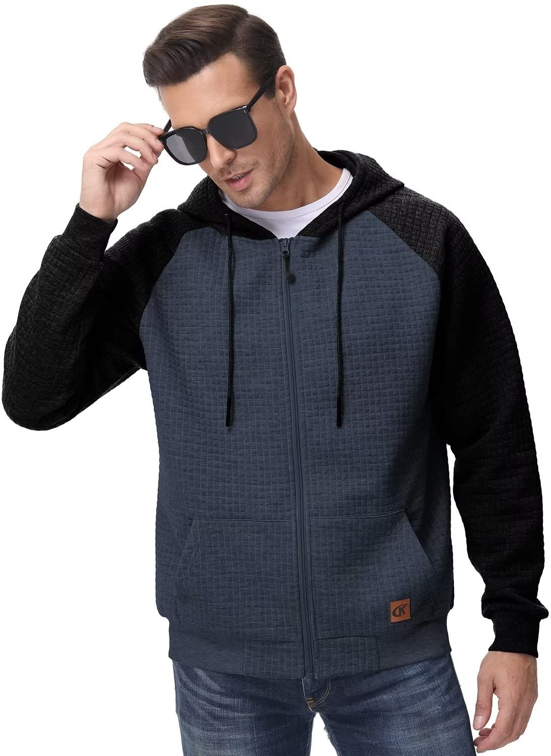 Men's Jacquard PlaidCloth Raglan Sleeve Zipper Hoodie Sweatshirt GreyBlue/Black Large