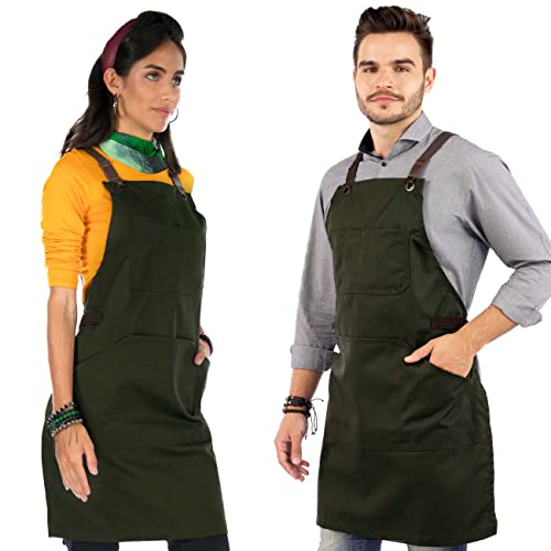 Under NY Sky Essential Army Green Apron β Cross-Back with Durable Twill and Leather Reinforcement β Adjustable for Men and Women β Pro Chef, Tattoo Artist, Baker, Barista, Bartender, Server Aprons