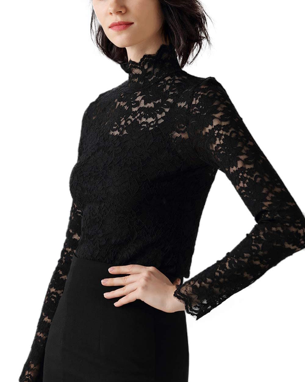 QiuDumo Lace Undershirt Long Sleeve T-Shirt Basic Layer Tee Slimming Top Black XL