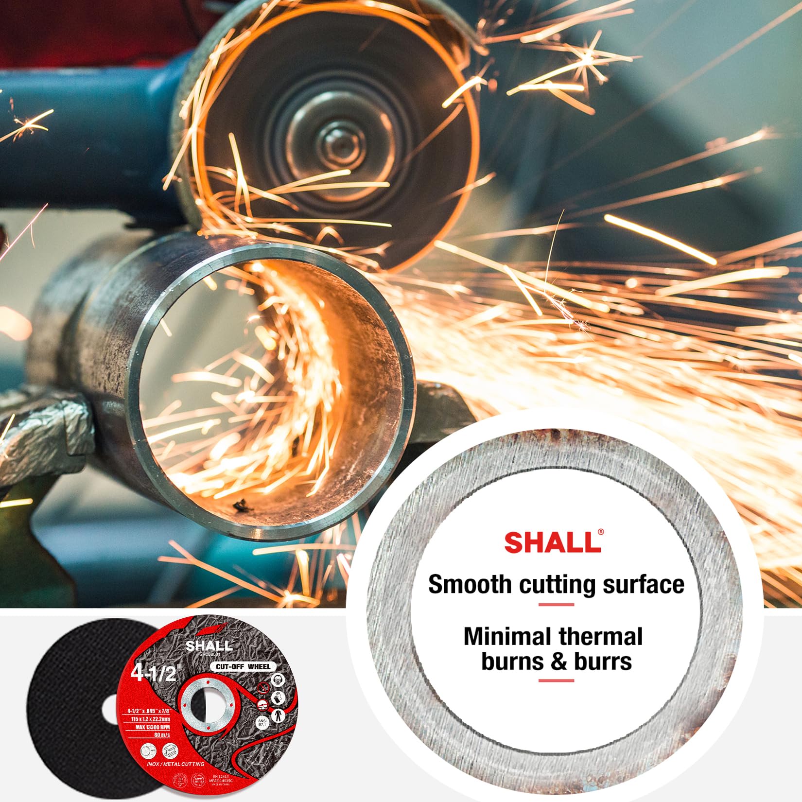 SHALL 50-Pack Cut Off Wheels 4 1/2 x 7/8 Inch, Cutting Wheel with Pouch for Angle Grinder, 4.5β Metal & Stainless Steel Fast Cutting Disc, Grinder Wheel for General Purpose Metal Cutting