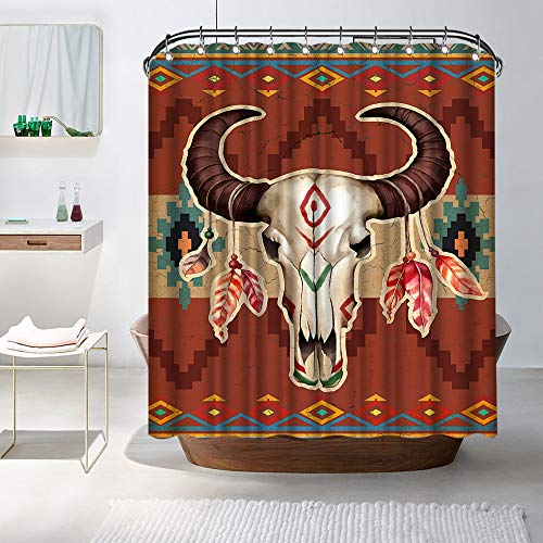 LoveHouse Boho Pattern Shower Curtain Watercolor Cow Skull with Feather Bohemian Western Ethnic Bull Bathroom Shower Curtains Set with Hooks 72"x72" Machine Washable