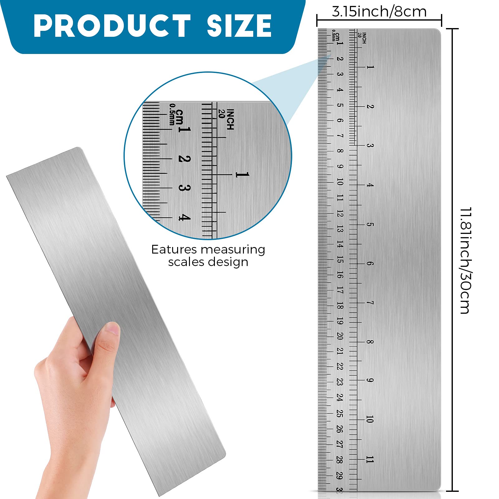 Stainless Steel Cake Scraper with Scale Cake Edge Smoother Cake Decorating Comb Baking Scraper Tool for Baking Measuring Cake Buttercream Home Kitchen Accessory(12 Inches)