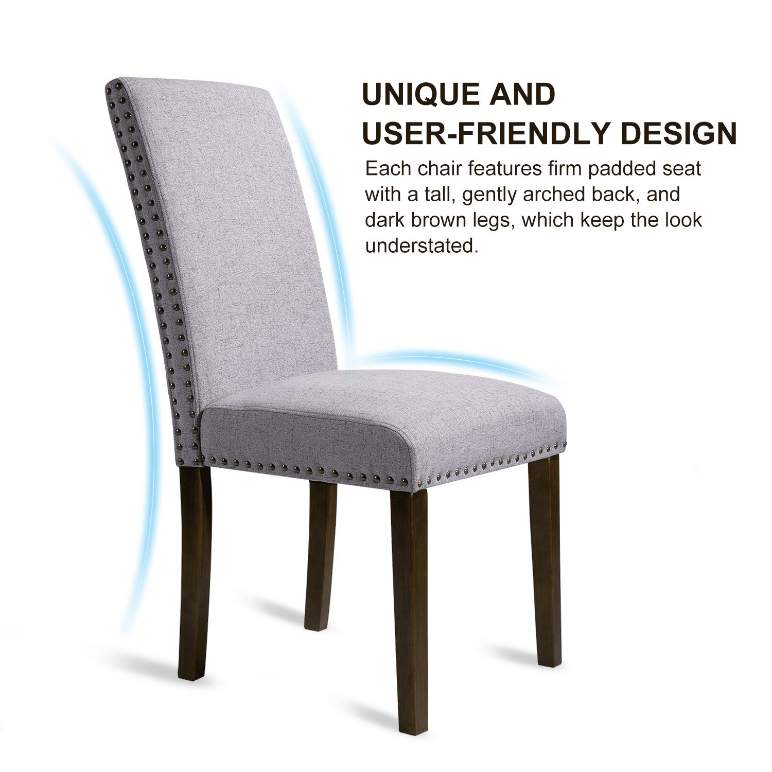 Merax Dining Chairs Set of 2, Fabric Dining Chairs with Copper Nails and Solid Wood Legs (Grey, Set of 2)