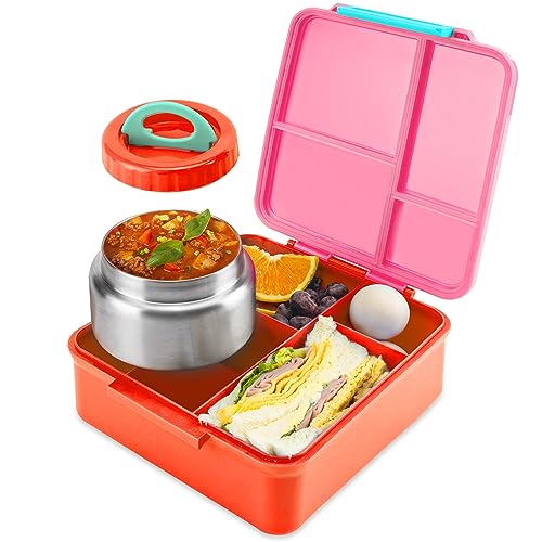 Kids' Bento Lunch Set Featuring a 8oz Soup Thermo, Leak-proof Containers with 4 Compartments, Thermo Food Jar, Ideal for School Lunches(Red)