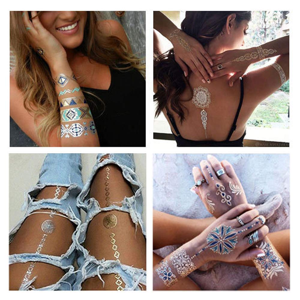 Metallic Temporary Tattoos 120+ for Women Teens Girls Tattoos Gold Silver Glitter Flash Waterproof Tattoo Stickers for Beach, Festivals, & Parties