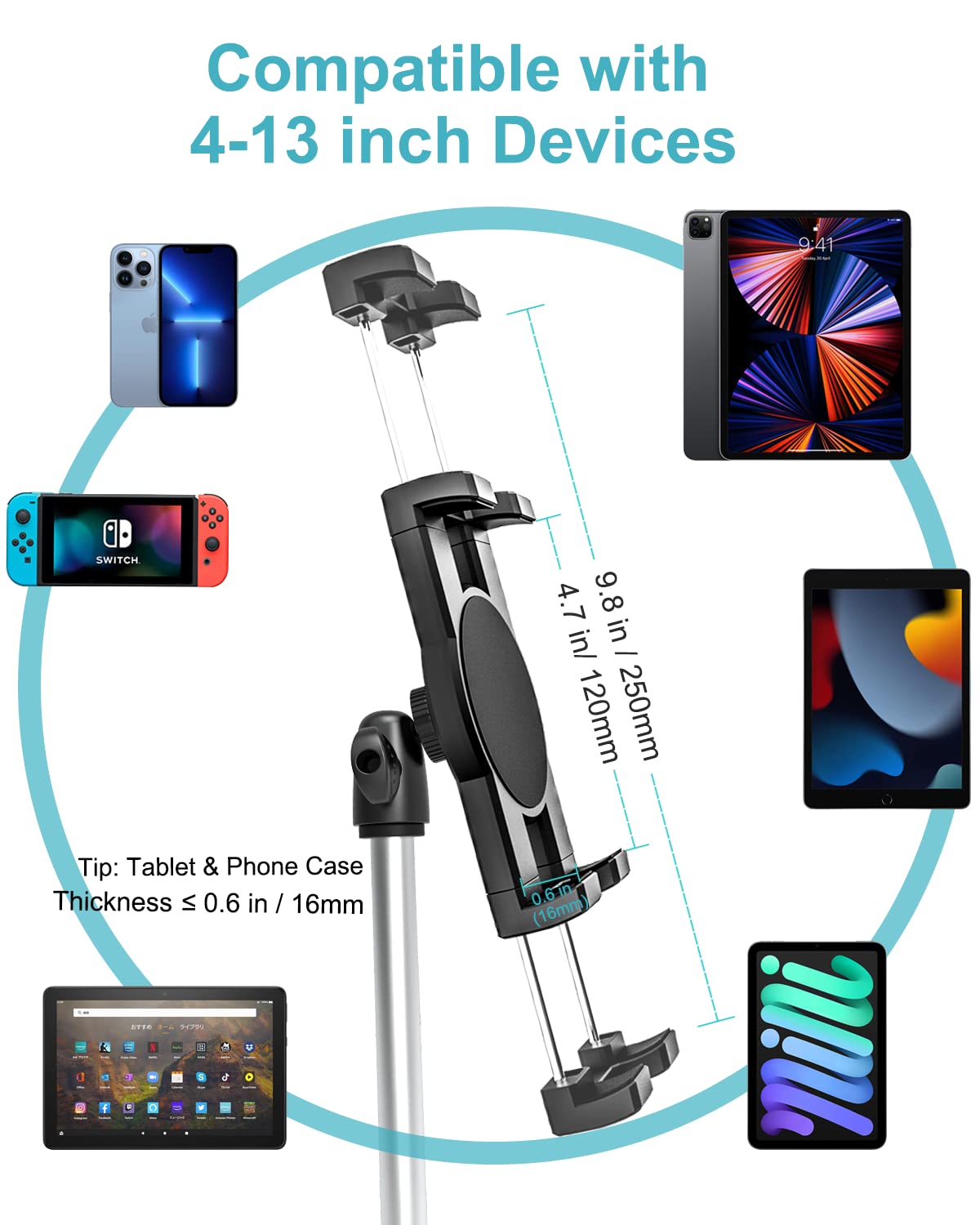 Tablet Wall Mount for iPad, 35in Adjustable Arm Drill Base Tablet Mount for Kitchen Cabinet Desk, Camera Holder Webcam Stand for iPad Pro 12.9 Air Mini, Galaxy Tabs, Switch,iPhone,4-13" Tablets