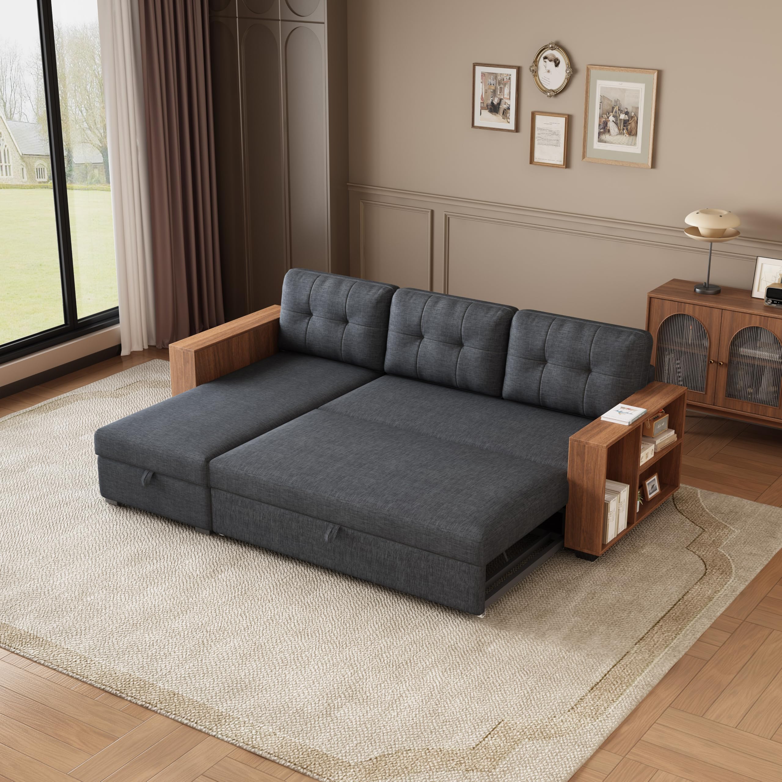 YOPTO 84" Convertible Sectional Couch with Pull Out Bed and Storage Chaise,L Shaped Sleeper Sofa W/Wood Cabinet Armrests&Removable Back Cushions,Living Room Furniture for Home,Office,Dark Grey