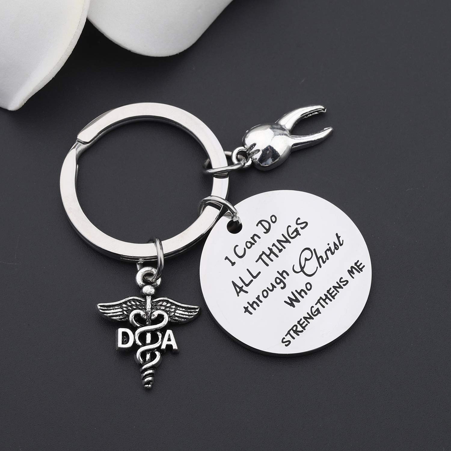 LQRI DA Gift Dental Assistant Keychain I Can Do All Things Through Christ Who Strengthens Me Keychain Dental Assistant Jewelry Dentist Gift DA Graduation Gift (sliver)