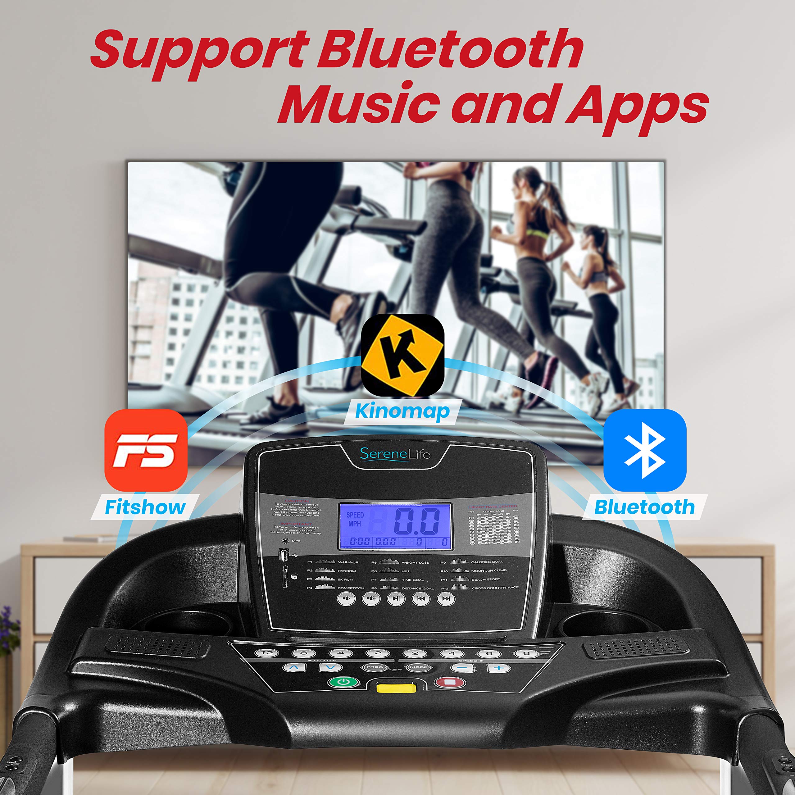 SereneLife Folding Exercise Running Treadmill Machine, Upgraded Electric Motorized Exercise Equipment with 36 Pre-Set Program, 3 Incline Level, Bluetooth Music and App Support for Home Gym or Office