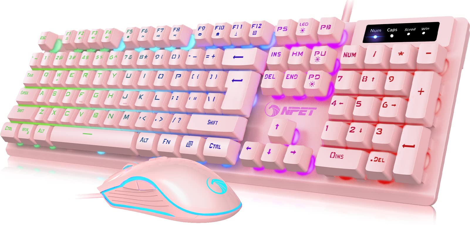 NPET S20 Wired Gaming Keyboard Mouse Combo, LED Backlit Quiet Ergonomic Mechanical Feeling Keyboard, Gaming Mouse 6400 DPI, for Desktop, Computer, PC, Pink