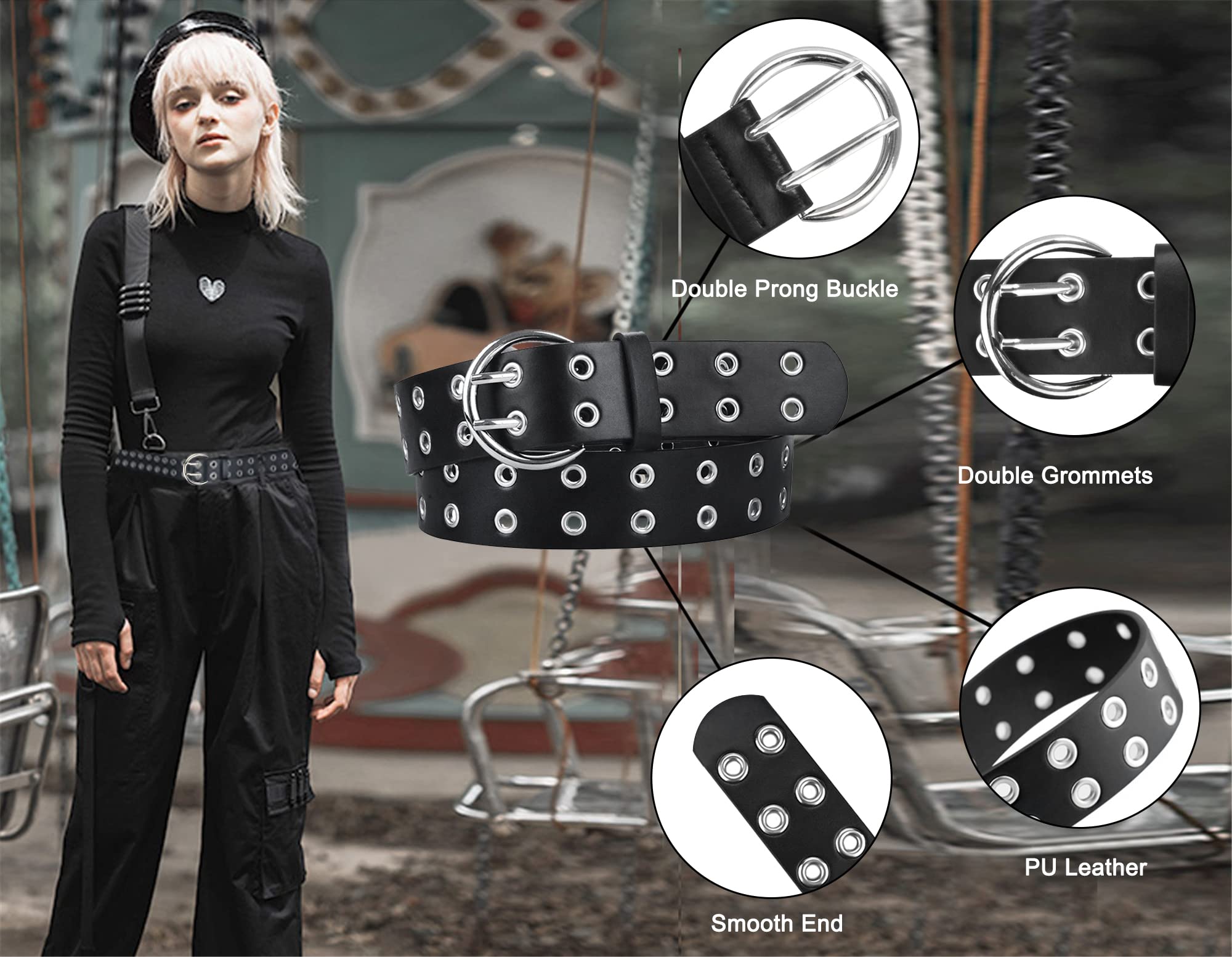 maikun Grommet Leather Belts for Women, Cute Black Belt, Studded Belt Punk Accessories,43" long, fit for waist size under 36"
