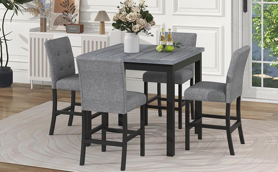 Lepfun 5-Piece Counter Height Set Wood Square for Apartment,Dining Room and Compact Space,Table Stools w/Footrest & 4 Upholstered high-Back Chairs,Easy to Assemble,Black