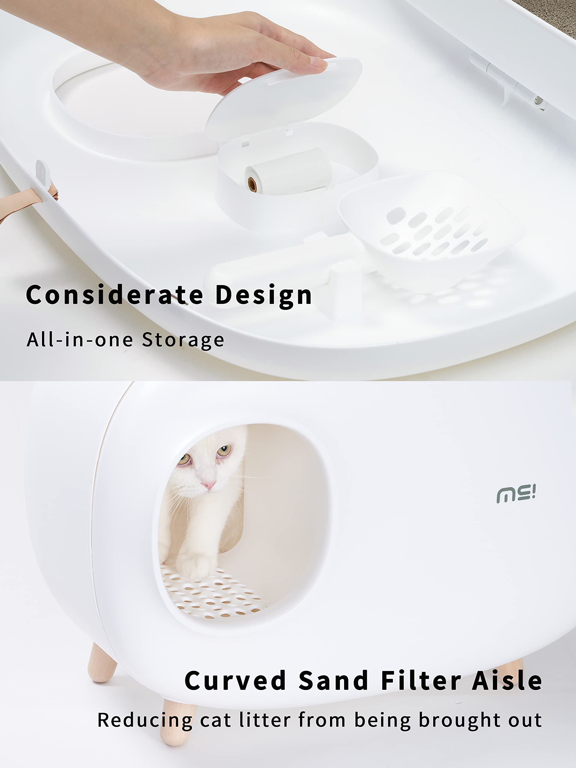 MS!MAKE SURE Cat Litter Box (with Litter Mat), Enclosed Design, Large Space Litter Box with Lid, Prevent Sand Leakage and Isolate Odors, Easy to Clean, with Cat Litter Scoop - White