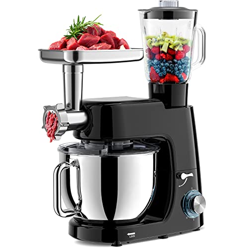 Stand Mixer, 6 IN 1 Multifunctional Electric Kitchen Mixer 660W 6 Speed with 7.4QT Stainless Steel Bowl, 1.5L Glass Jar, Meat Grinder, Dough Hook, Whisk, Beater, Sausage Kit, Food Mixer for Baking