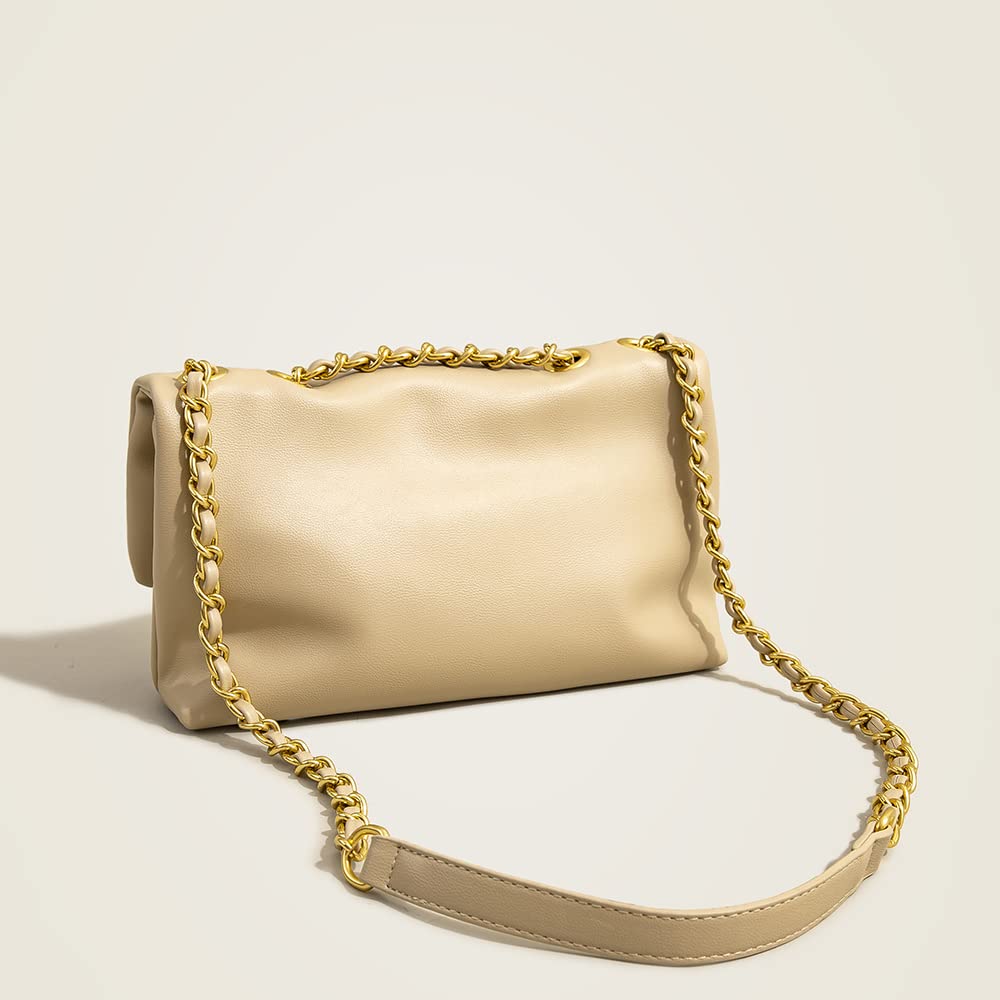 Sibalasi Clear Out Women's Ruched Shoulder Handbag Soft Trendy purse Chain Black Bag Beige Crossbody Bag (Beige)