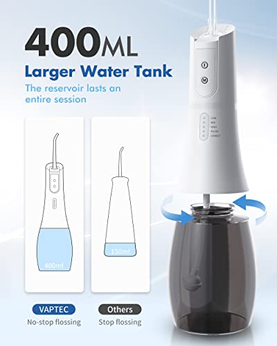Water flossers Teeth, Cordless Cleaner, VAPTEC Cleaning flosser, Dental 400ml Large Capacity, Portable 360°Rotation 5 Cleaning DIY Modes 6 remplaceable Tips, flossers for Braces, White