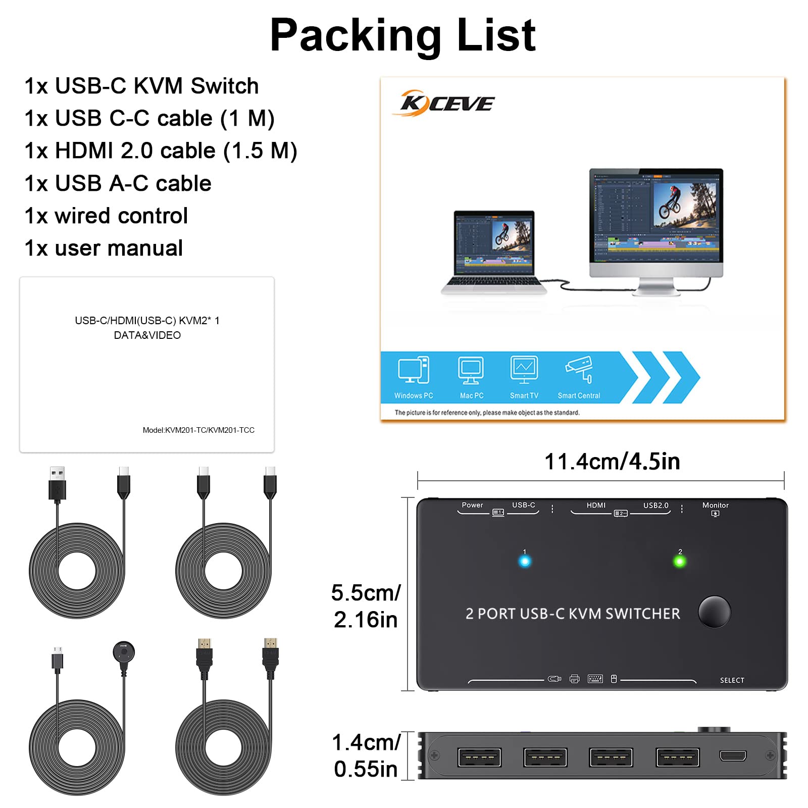USB C+HDMI KVM Switch 4K@60Hz 2K@120Hz,Camgeet KVM Switch for 2 Computers Share 1 Monitor and 4 USB Devices,with 100 W Power Delivery,Wired Remote and 3 Cables Included