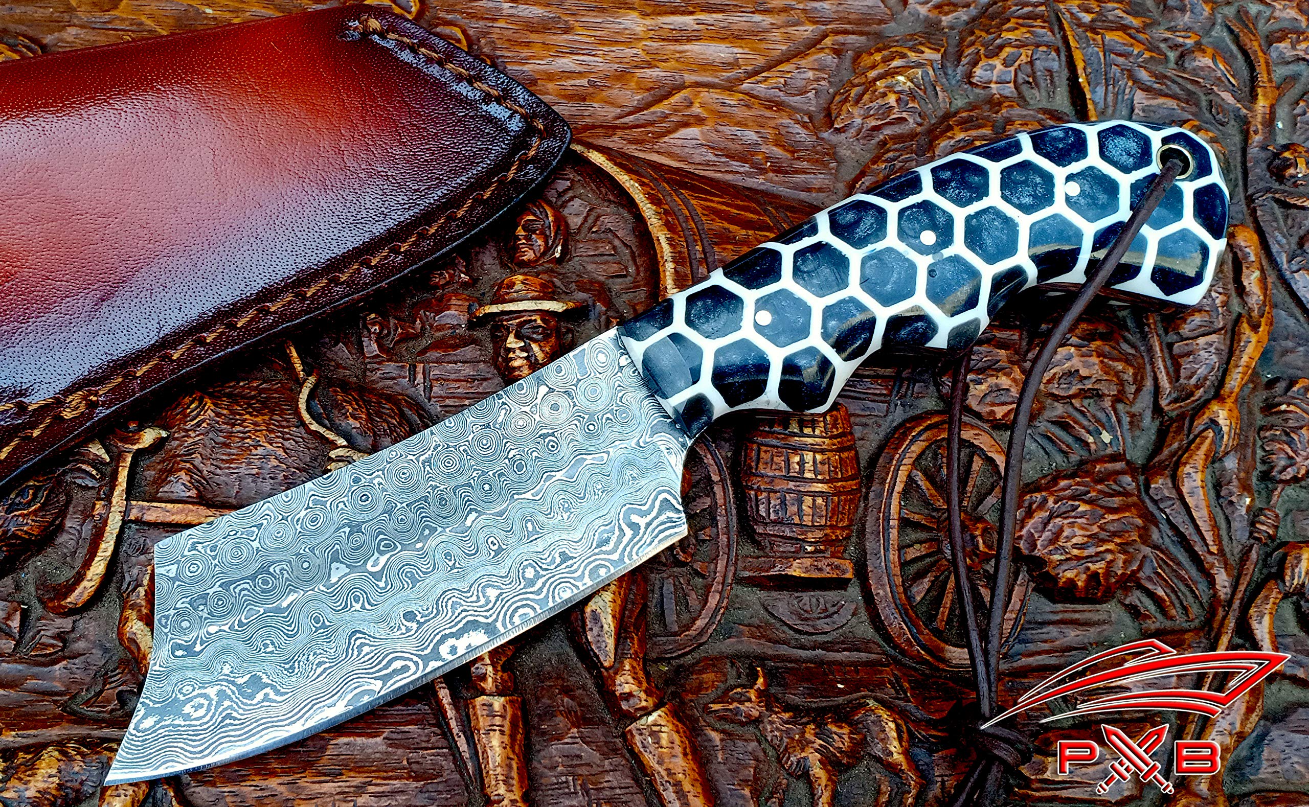 Phillyblades Handmade Damascus Steel Hunting Knife with Sheath | 9'โ Survival Fixed Blade with Honeycomb Resin Handle | EDC Belt Knife for Men | Bear Hunter