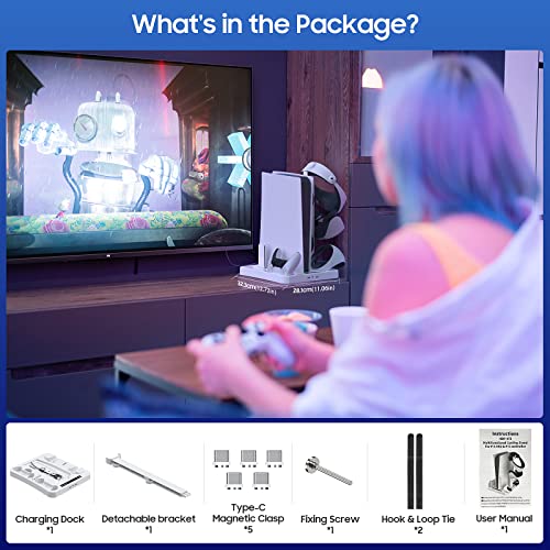 TiMOVO Charging Station for PlayStation VR2, Dual Charging Dock for PS5 & PS VR2, Charger Stand Gamepad Showcase Host Cooling Fan Bracket Stable Desk Accessories PS5 Detachable Charging Rack, White