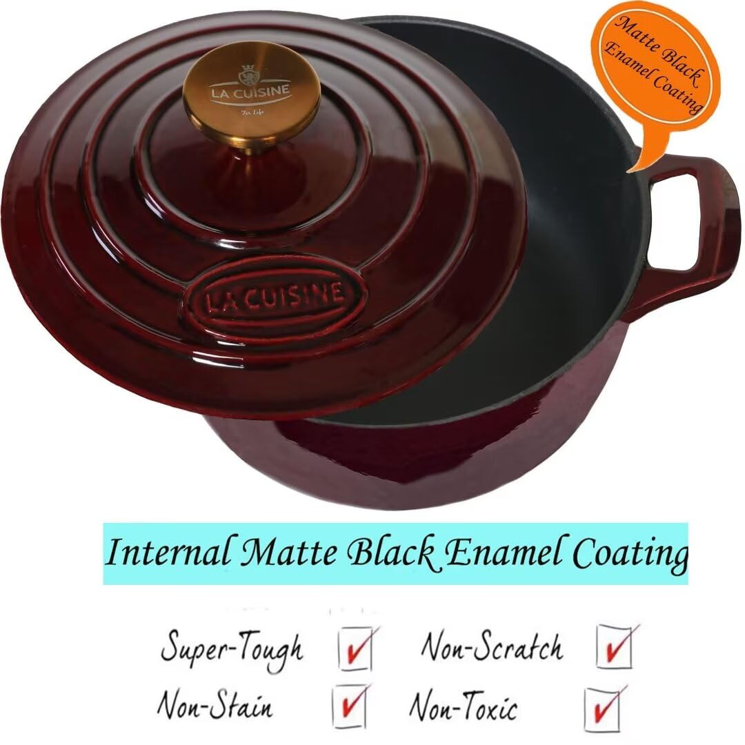 La Cuisine Enameled Cast Iron Dutch Oven Casserole Dish Pot with lid 2.1 QT 7.9โ Dia. Cream White Enamel Interior, 2 - tone Sapphire Enamel Coating Exterior Oven Safe