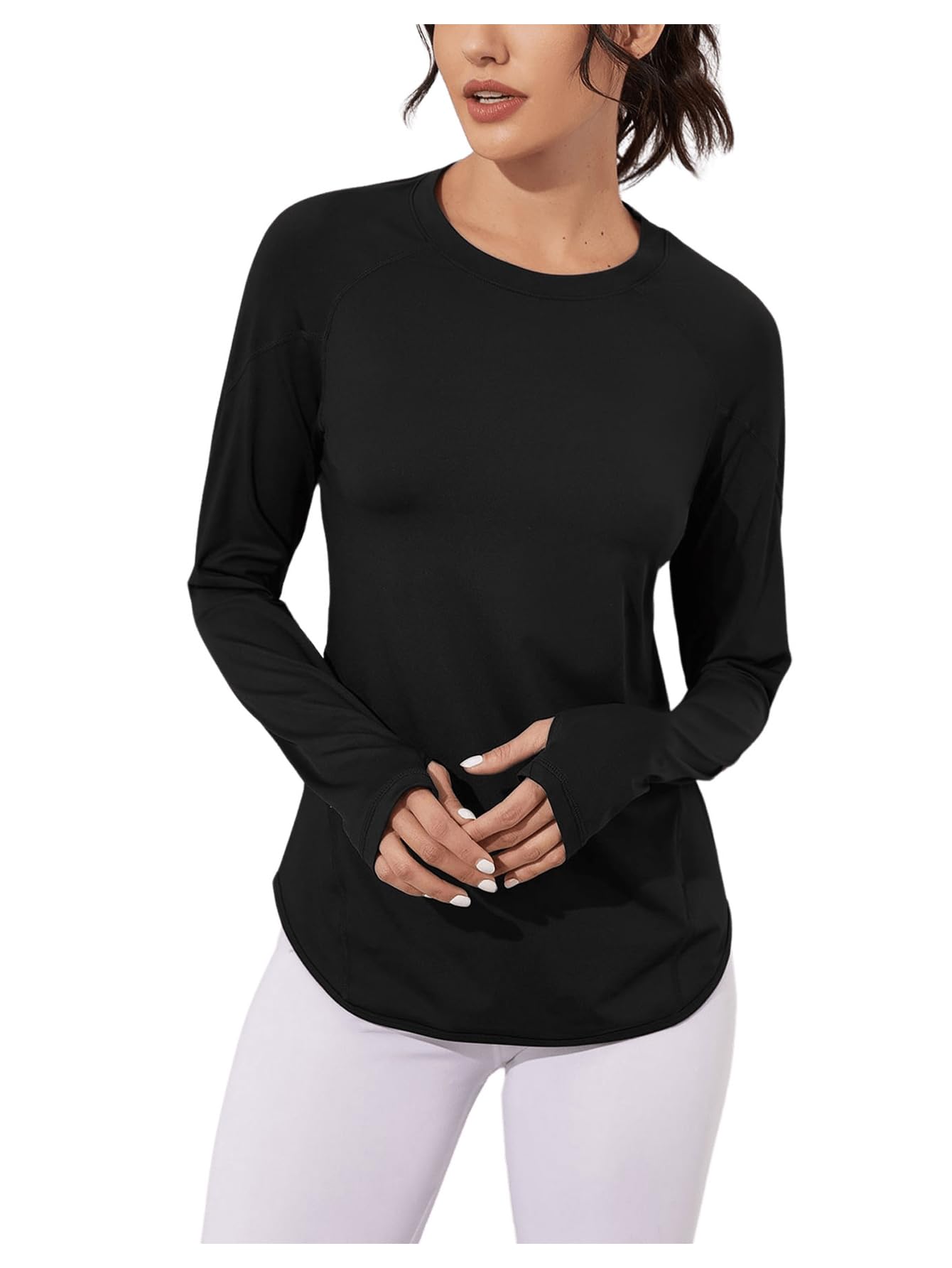MakeMeChic Women's Long Sleeve Workout Tops Lightweight SPF Yoga Tops Tee Shirts Black L