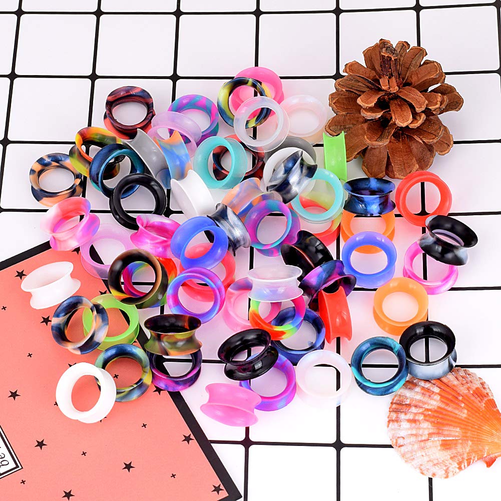 Qmcandy 60pcs Colorful Soft Flexible Silicone Tunnels Double Flared Ear Piercing Plugs Gauge 9/16 inch