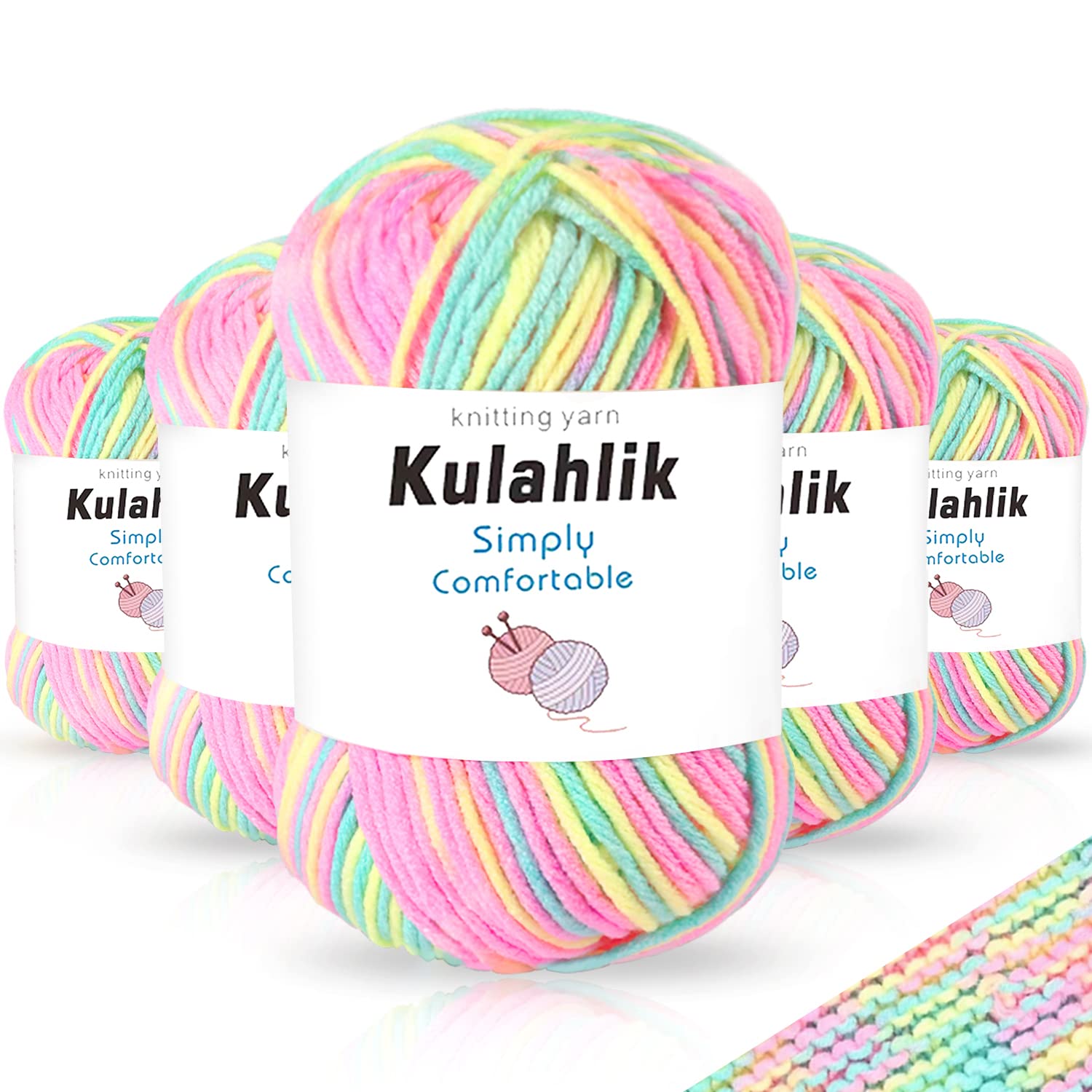 Kulahlik 250g(5x50g) Acrylic Yarn for Crochet/Knitting, Colorful Gradient Yarn Thread, 5 Rolls Skeins, Perfect for Any Knitting Crochet and Crafts Mini Project