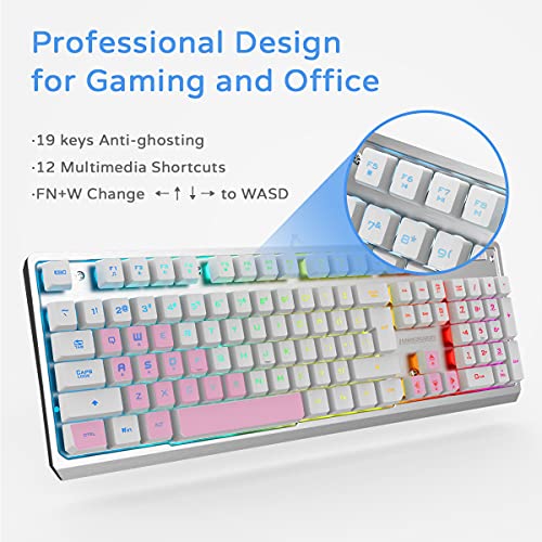 Lumsburry White Gaming Keyboard, Rainbow LED Backlit,19 Anti-ghosting Keys, USB Wired, Metal Panel, Ergonomic 104 Keys, Multimedia Control, Water-Resistant, Full Size, for Windows PC Mac Office Gamer
