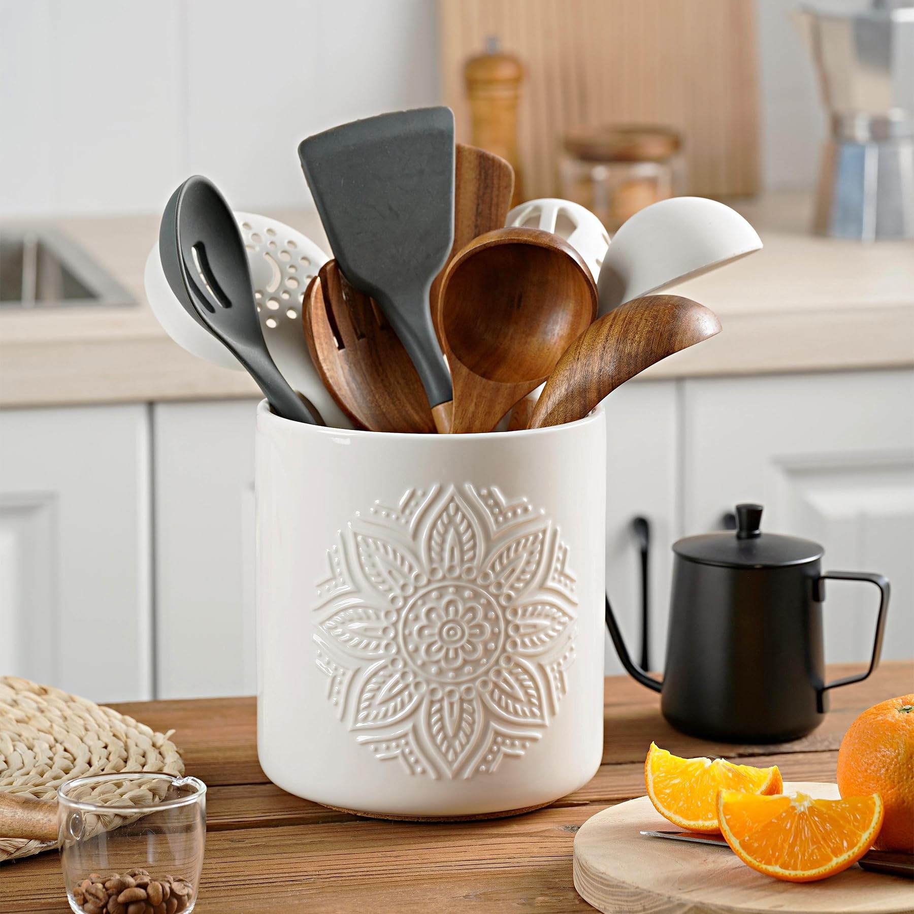 MIKIGEY Kitchen Utensil Holder, 7.2” Large Ceramic Cooking Utensil Holder with Cork Mat for Countertop, Utensil Crock for Farmhouse Kitchen Decor, Ceramic Stable Utensil Caddy, White