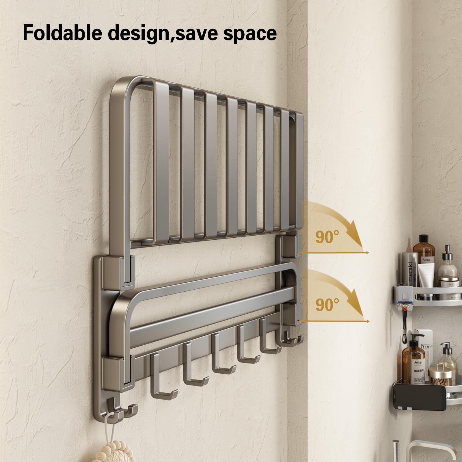 VOLPONE Bathroom Towel Rack with Double Towel Bar Foldable Towel Shelf Wall Mounted Towel Storage with Hooks No Assembly Required 24 in Grey