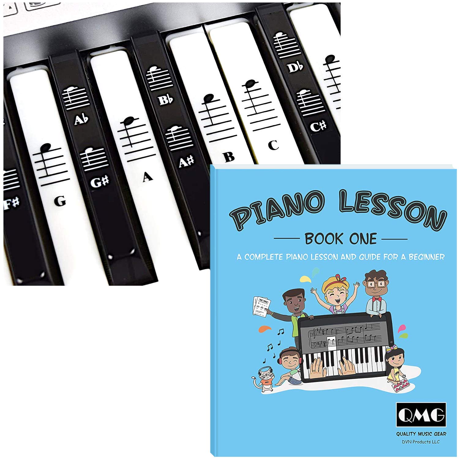 QMG Piano and Keyboard Stickers and Complete Piano Music Lesson and Guide Book for Kids and Beginners